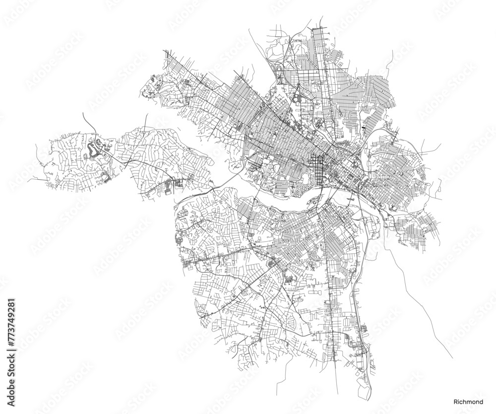 Richmond city map with roads and streets, United States. Vector outline ...