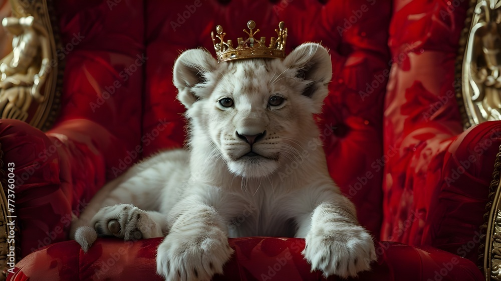 Fotografía Royal white lion king cub with gold crown on red throne in ...