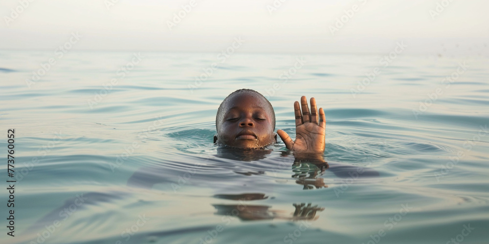 African-American boy drowning sinking kid child in sea water asking for ...