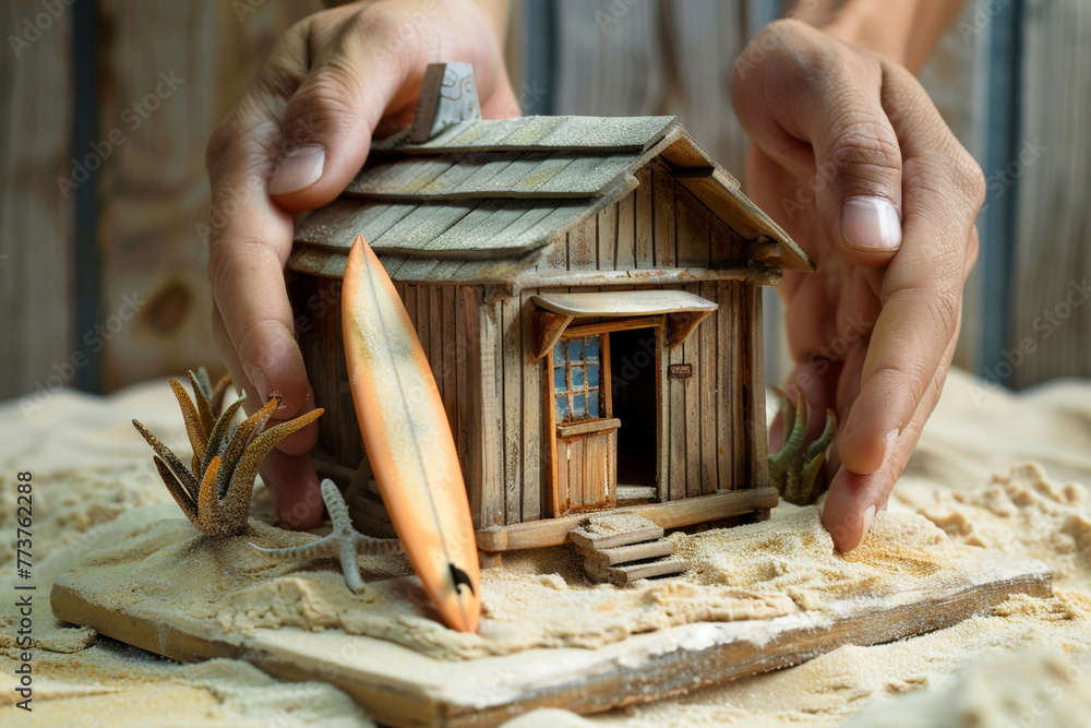Hands presenting a miniature beach house, with detailed wooden planks ...