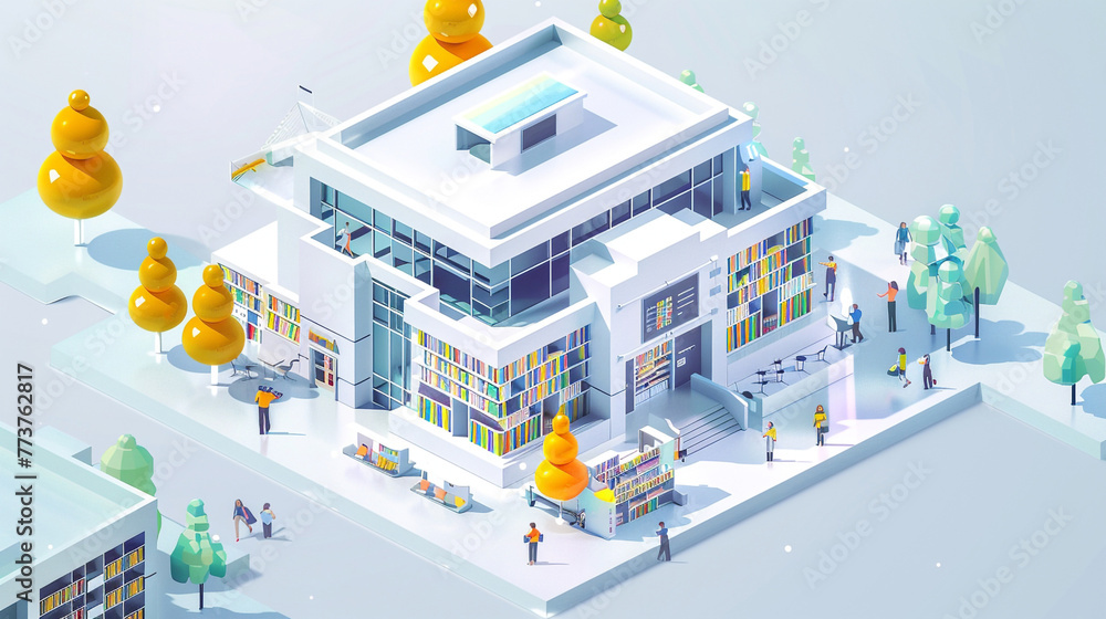 An isometric icon of a digital library and e-learning center, equipped ...