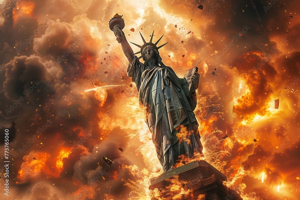 Fictional illustration of New York under attack, Statue of Liberty in ...
