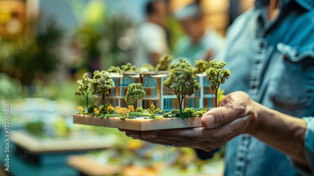 A property developer holding a small model of an urban mixed-use ...