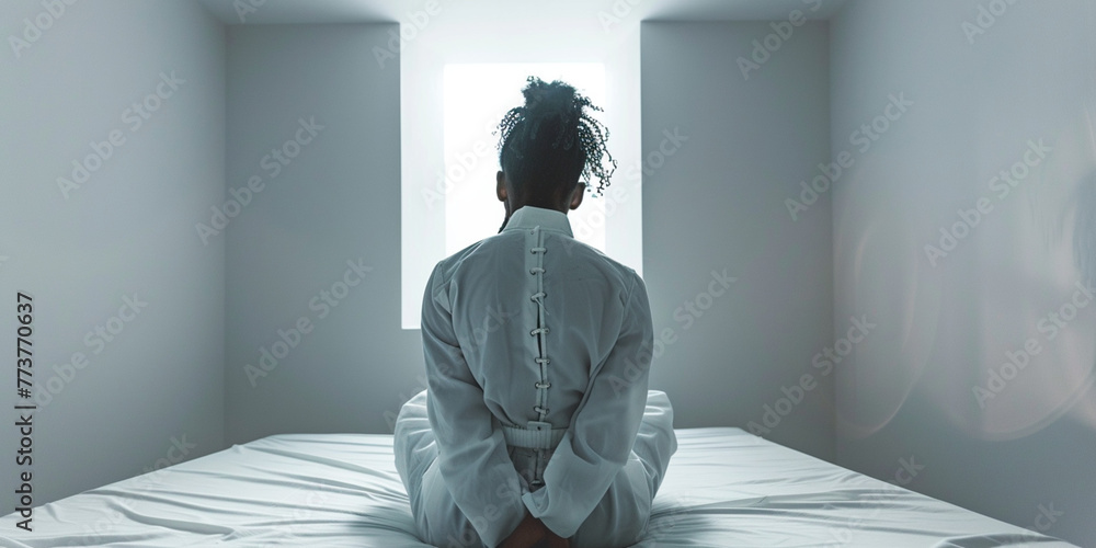 Place for people with mental disorder. Back of African American insane ...