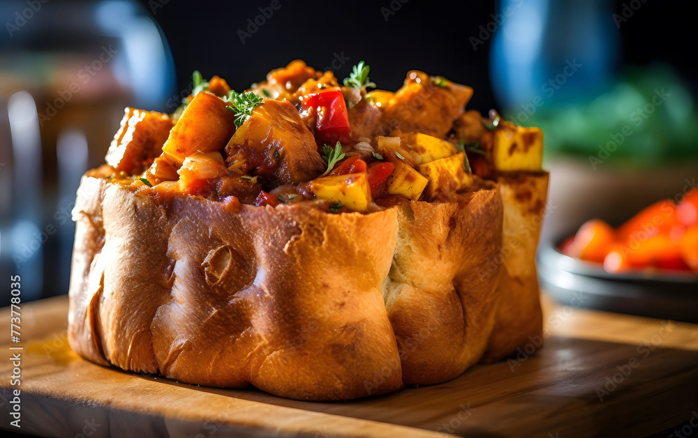 Traditional South African bunny chow on a wooden cutting board with a ...