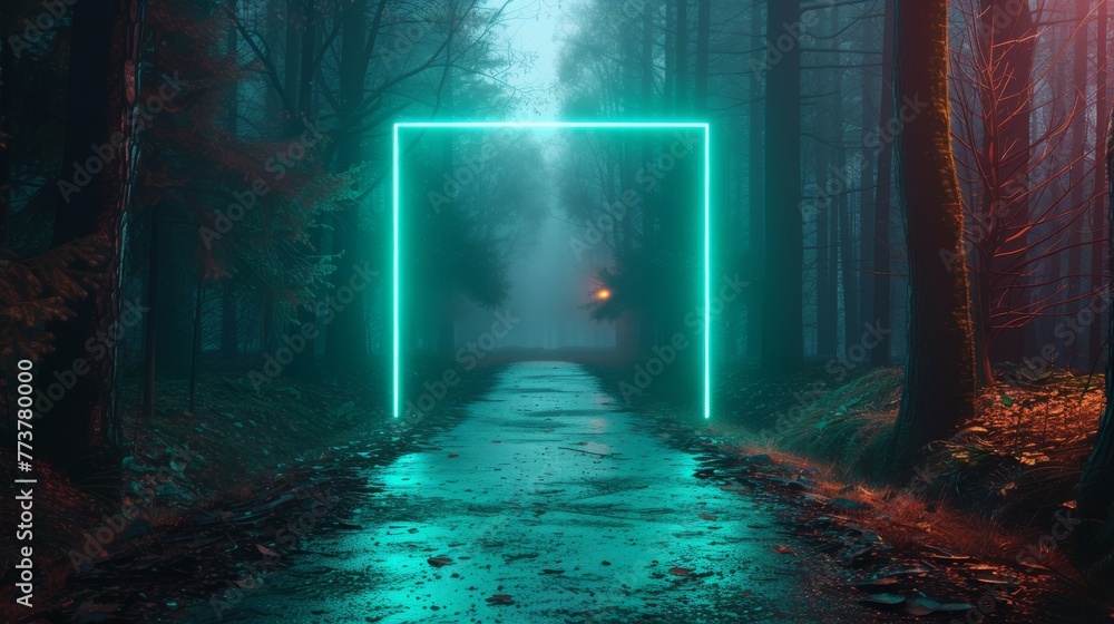 A neon green rectangular frame, illuminating a dark forest path ...