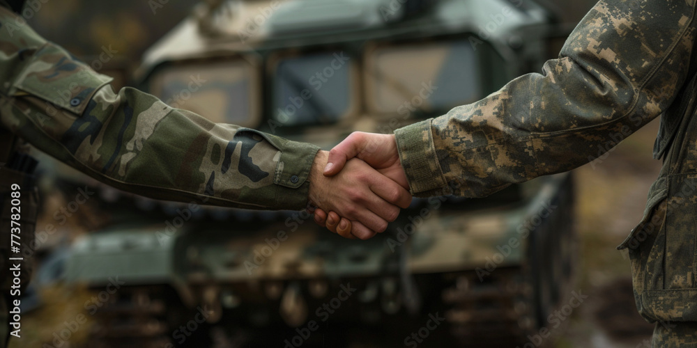 Joining hands handshake in war business agreement for the weapon ...