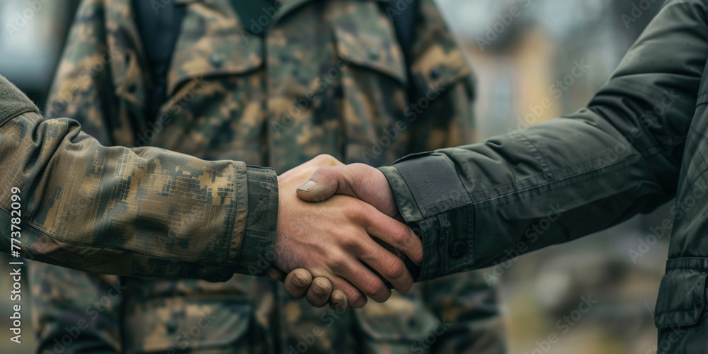 Businesspeople shaking hands of adult military soldier men. Joining ...