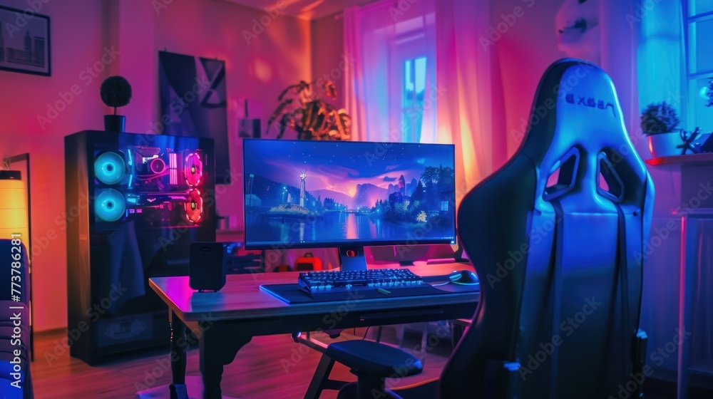 Gaming computer on desk in video gamer room with neon lights. Gaming PC ...
