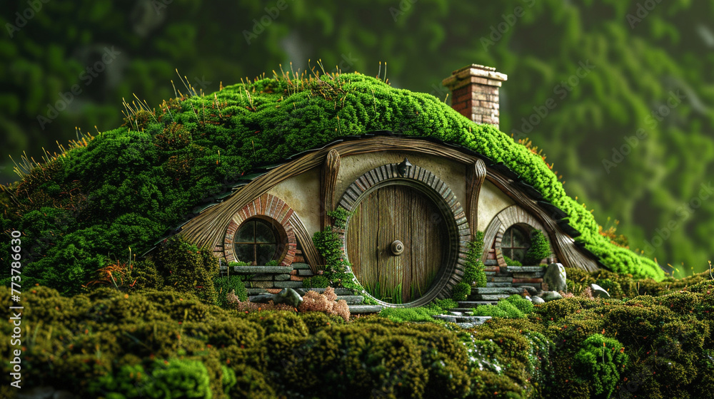 A 3D Max miniature hobbit house, with a round door and grass-covered ...