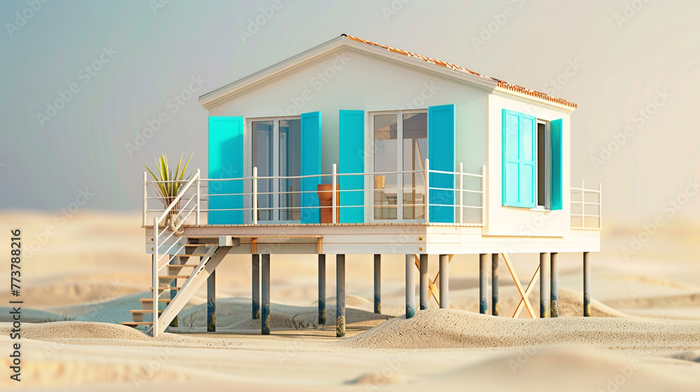 A 3D Max miniature beach house on stilts, with a sun deck and bright ...