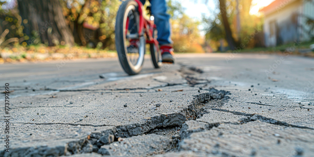 Boy riding a bike and big crack on road in frint. Poor condition of the ...