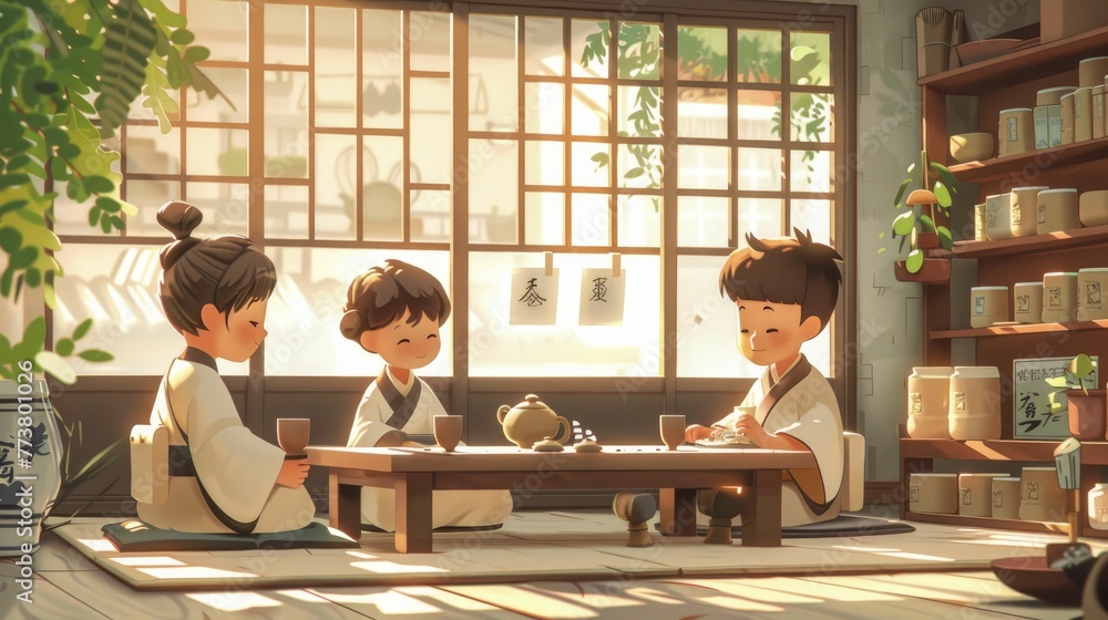 Tea education workshop, a 3D classroom setting with students engaged in ...