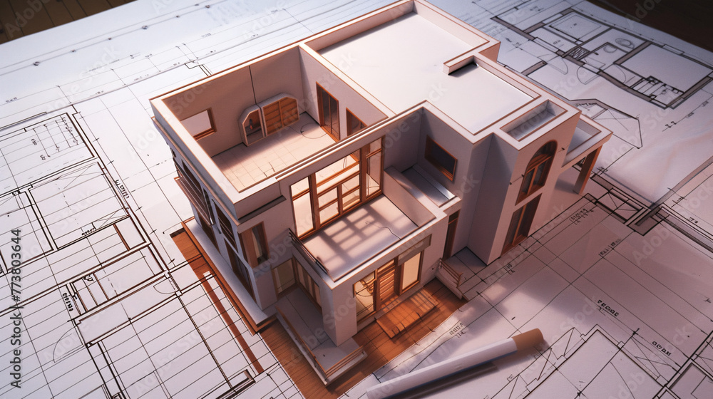 Modern 3d house growing out of detailed blueprint, floor plan Stock ...