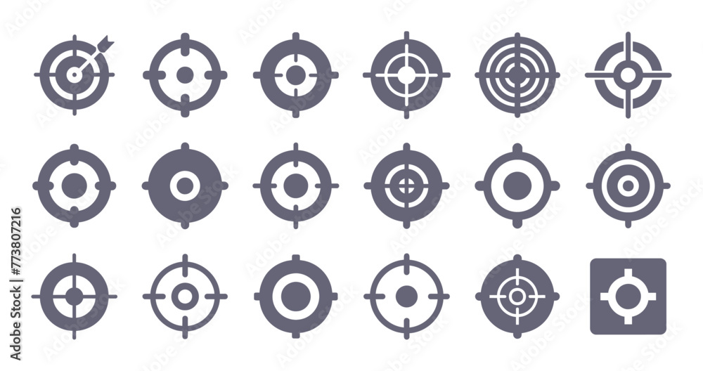 Target glyph flat icons. Vector solid pictogram set included icon as ...