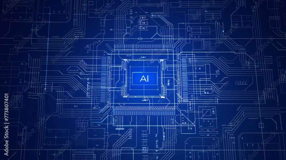 overhead view of a modern, detailed, realistic AI processor ...