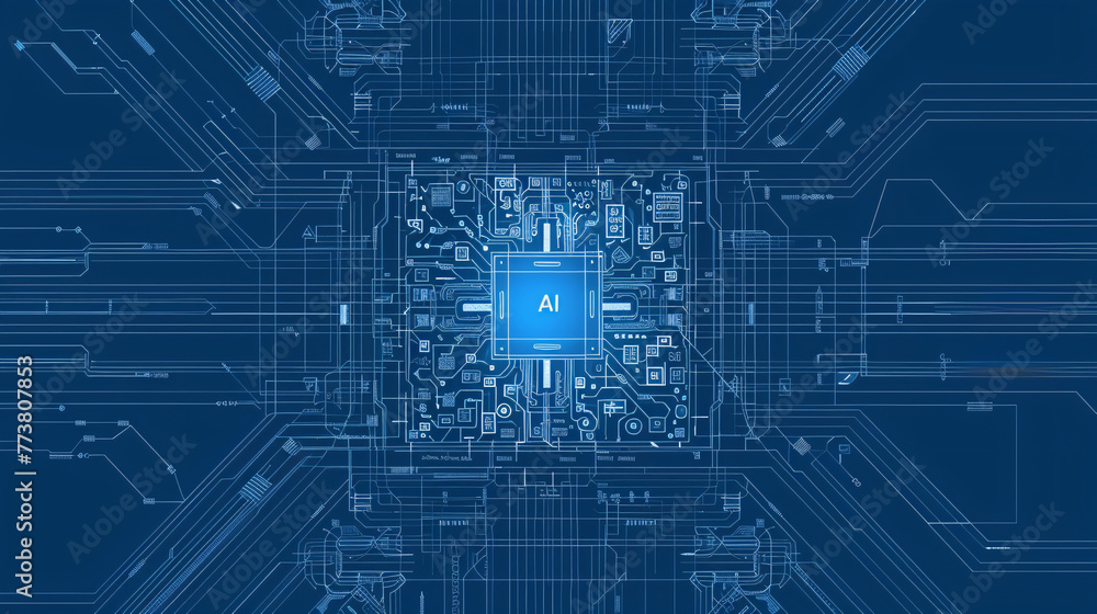 overhead view of a modern, detailed, realistic AI processor ...