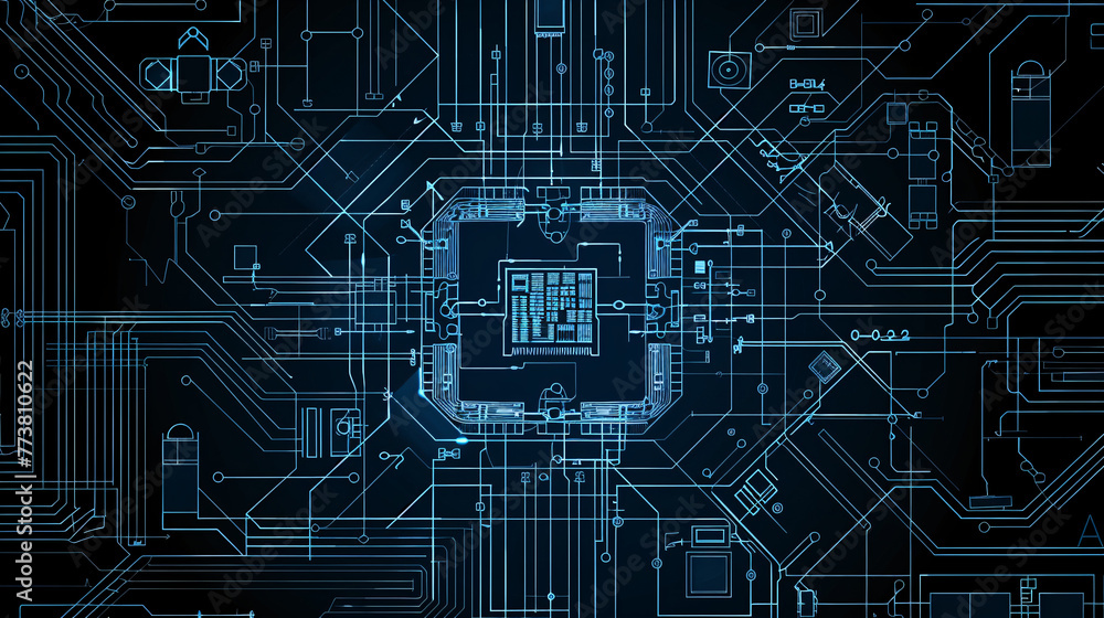 Overhead View Of A Modern Detailed Realistic Multi Core Processor Architecture Blueprint Stock