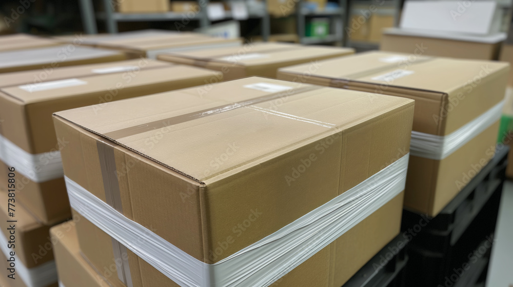 Various types and sizes of corrugated and packed boxes are stacked at a ...