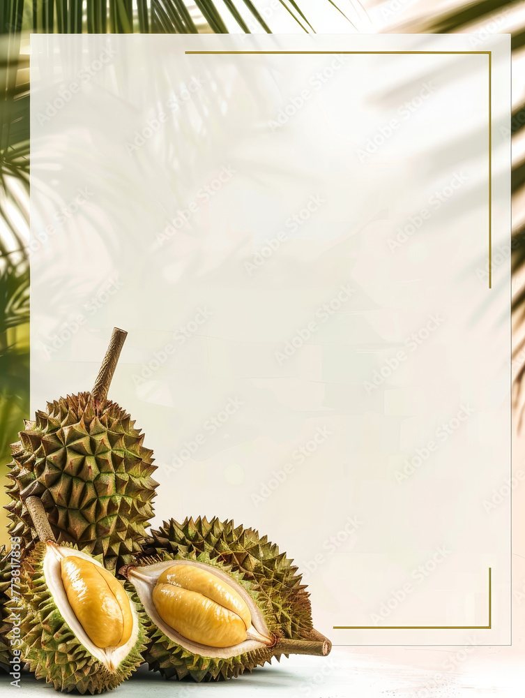 Durian pieces in front of a palm background with golden framing. Stock ...