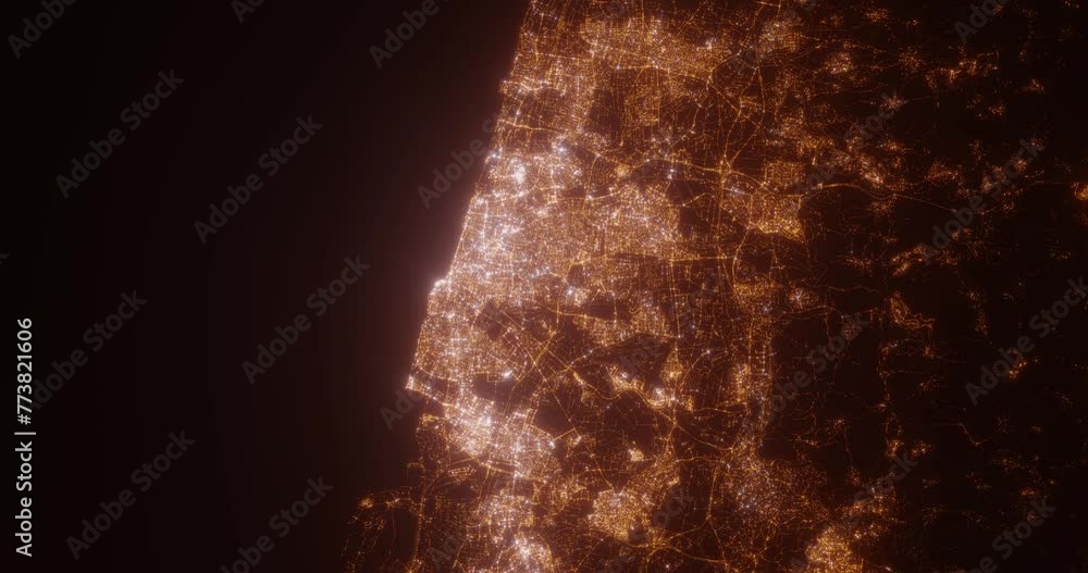 Tel Aviv (Israel) aerial view at night. Satellite view on modern city ...