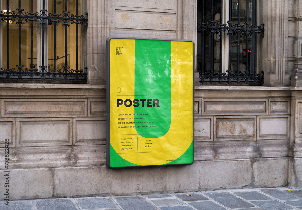Mockup of customizable poster outside building Stock Template | Adobe Stock