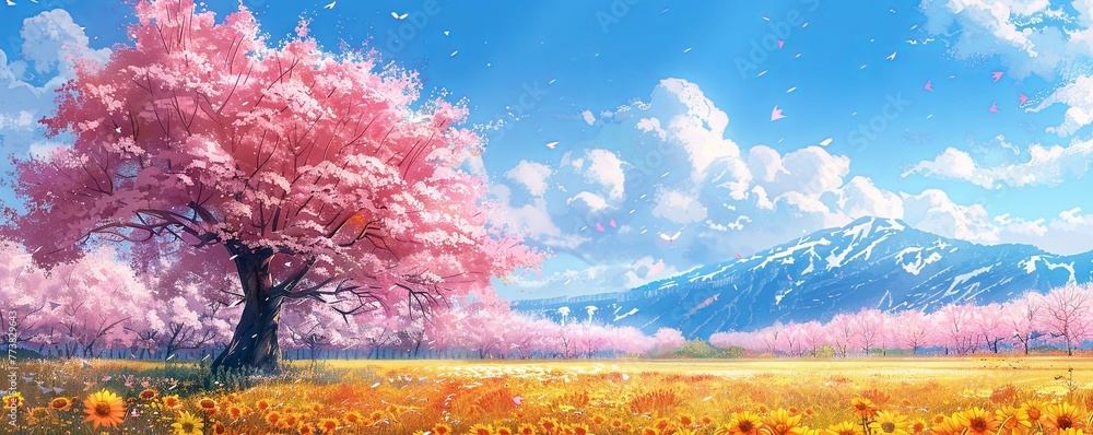 Spring cherry blossom festival in Japan: an image of sunflower fields ...