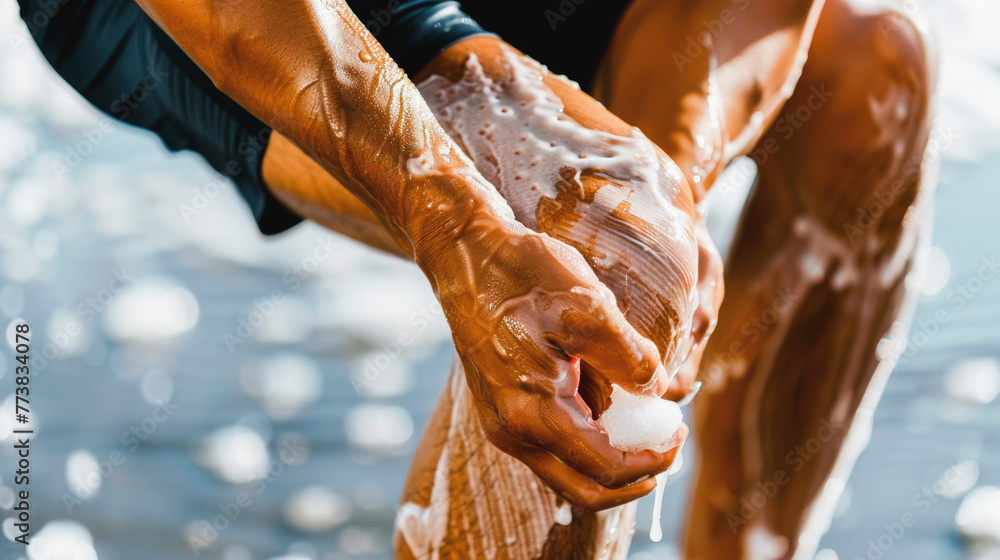 Person lathering arms with soap and water, focusing on hygiene and ...