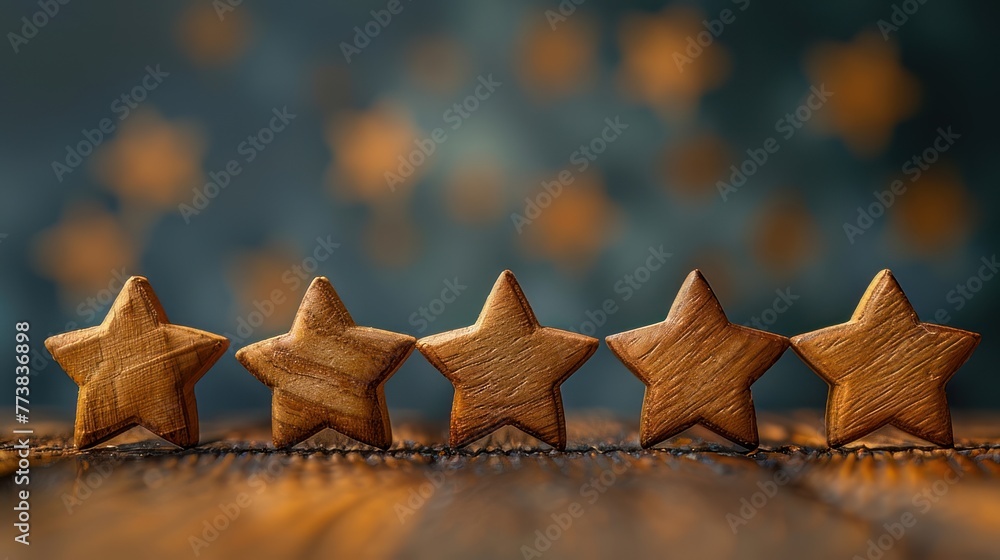 Wooden stars arranged in a row, symbolizing a satisfaction rating ...