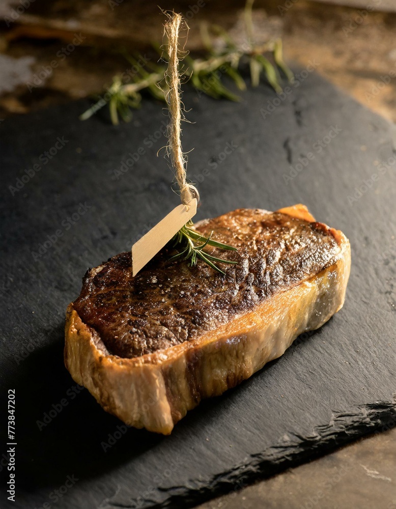 An aged steak on a dark slate, its dry-aged crust visible, and a tag ...