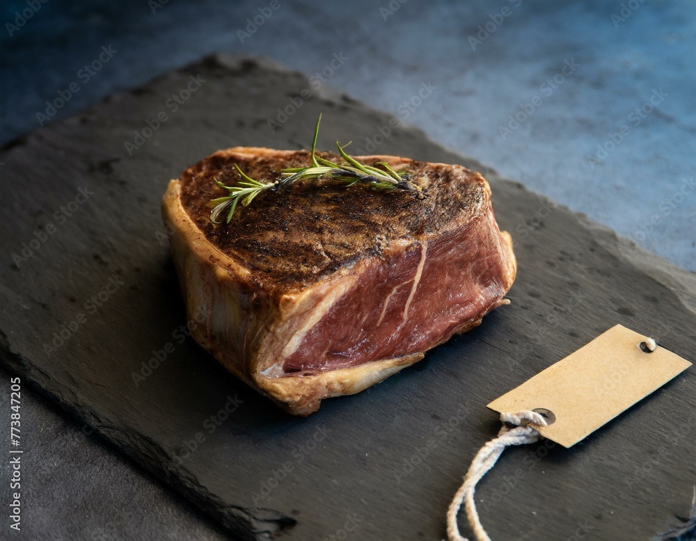 An aged steak on a dark slate, its dry-aged crust visible, and a tag ...