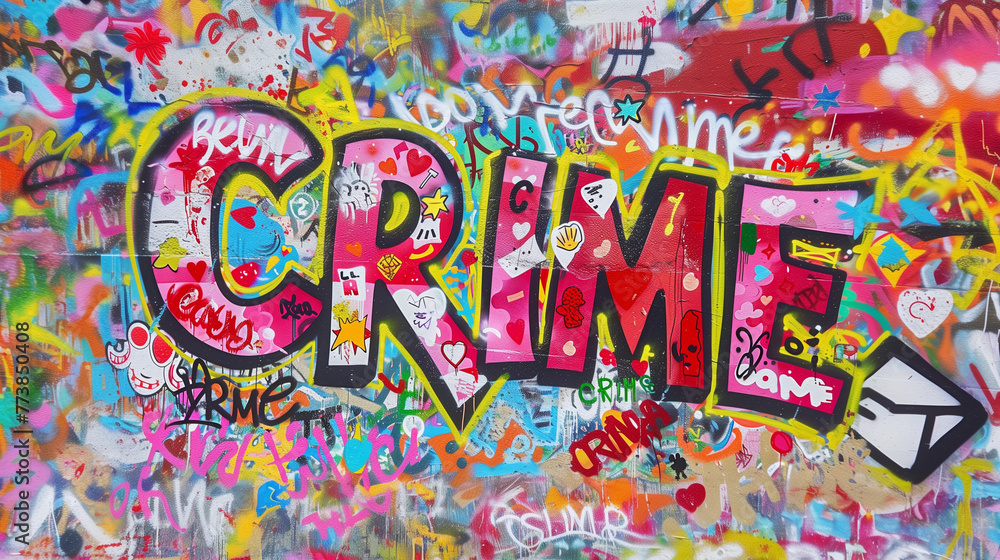 Wall of bright fun spray paint graffiti words CRIME street art for ...