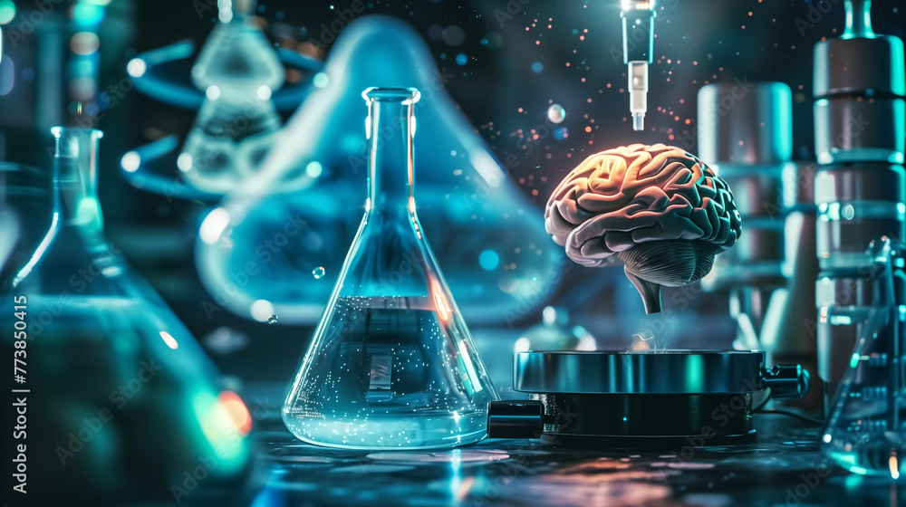 human brain in a chemical flask under alien observation. Aliens Stock ...