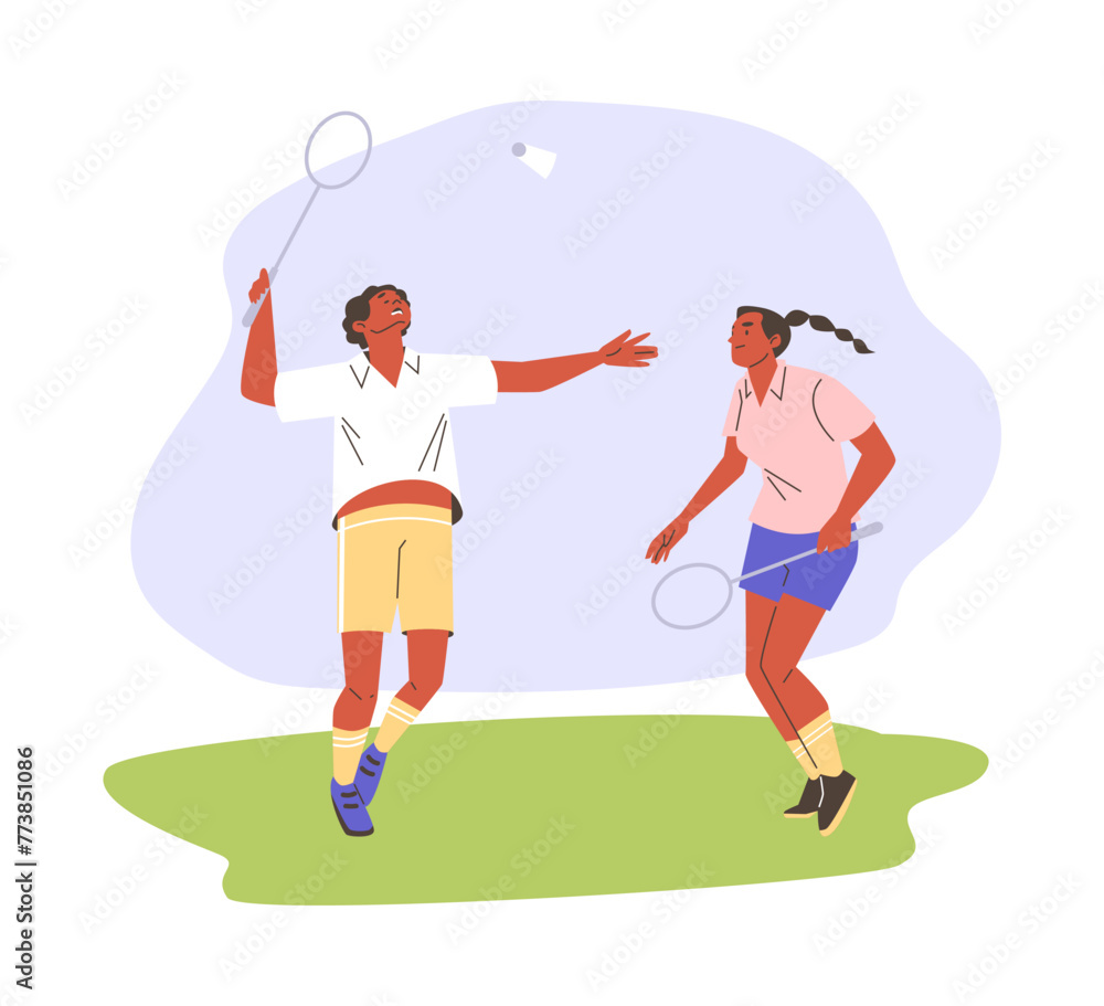 Badminton players with racket in action, sport game, vector cartoon ...