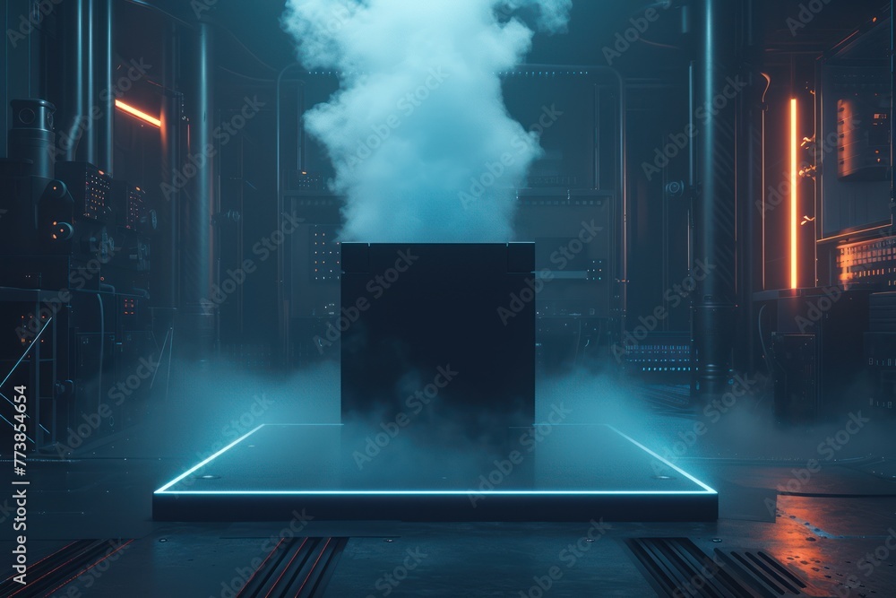 black magic box square shape appearing on a high-tech workplace podium ...