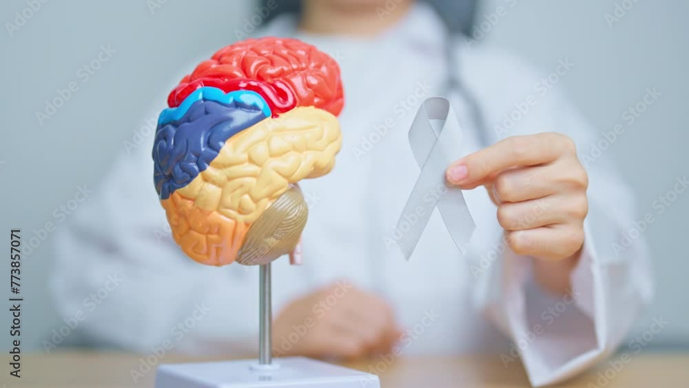 doctor with grey ribbon and human Brain anatomy model. Brain Cancer ...