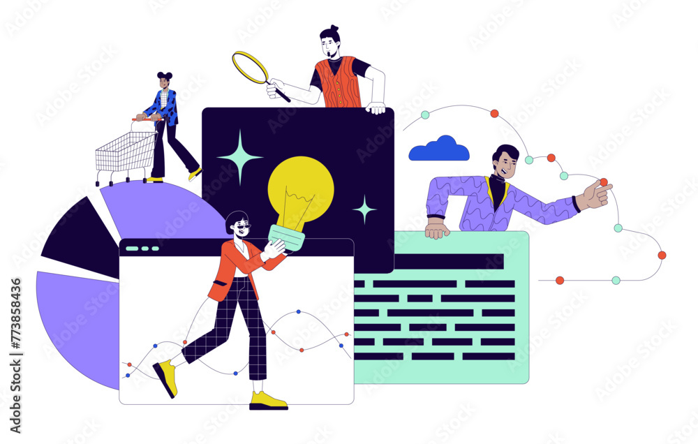 Data analysis team 2D linear illustration concept. Web analysts people ...