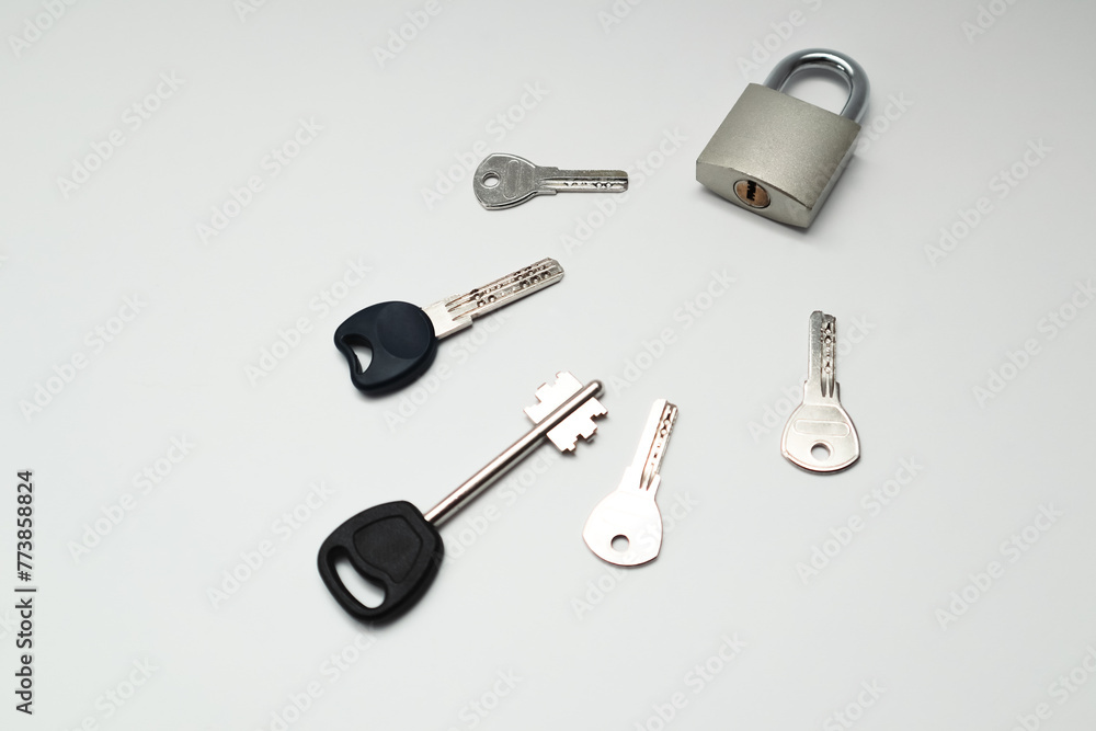 One padlock with many another keys. Many keys and one lock as concept ...