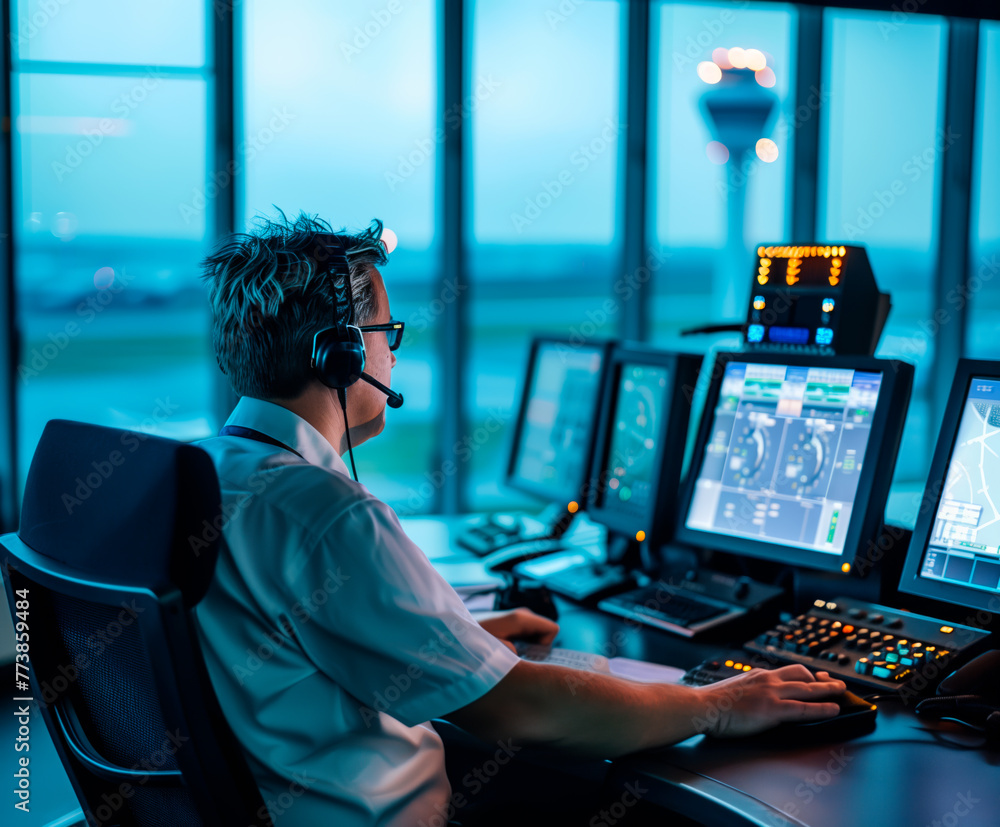 Air traffic controller in tower at sunset, airport operations. Stock ...