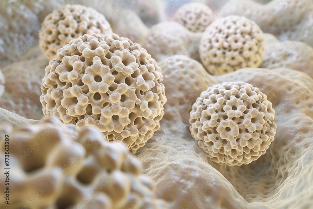 Human papillomavirus (HPV), magnified under a powerful electron microscope. The surrounding ...