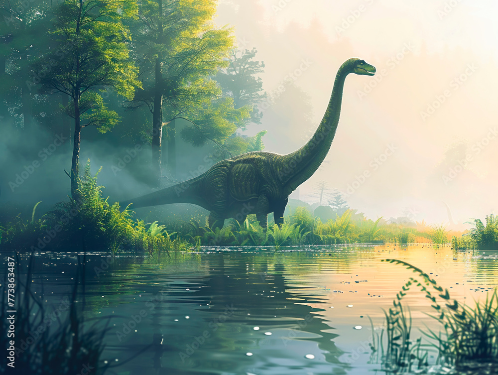 an Apatosaurus wading through a shallow river, its massive body ...