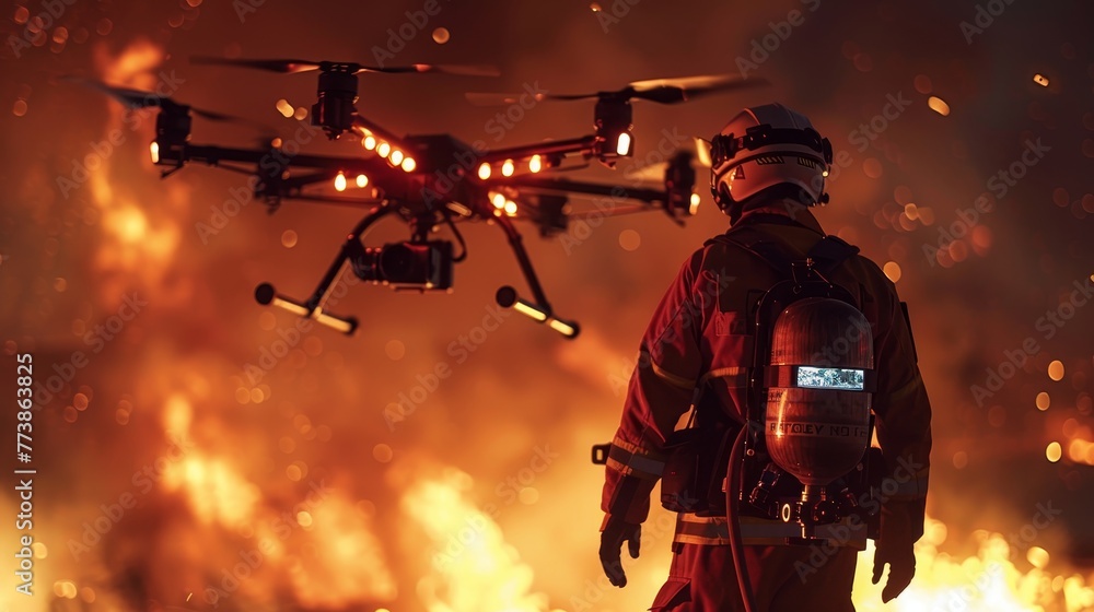 A firefighter is standing in front of a burning building with a drone ...