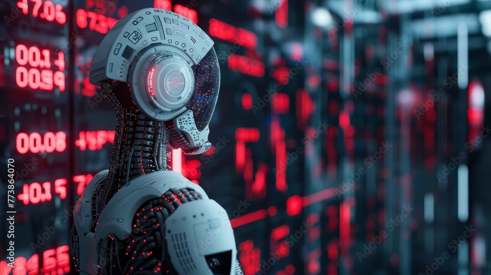 A robot is standing in front of a wall of red numbers. The robot is wearing a white helmet and ...