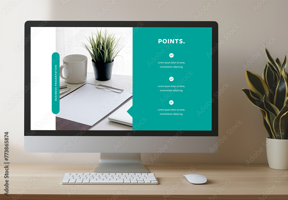 Desktop Computer Screen Mockup On The Wood Table With Plant and ...