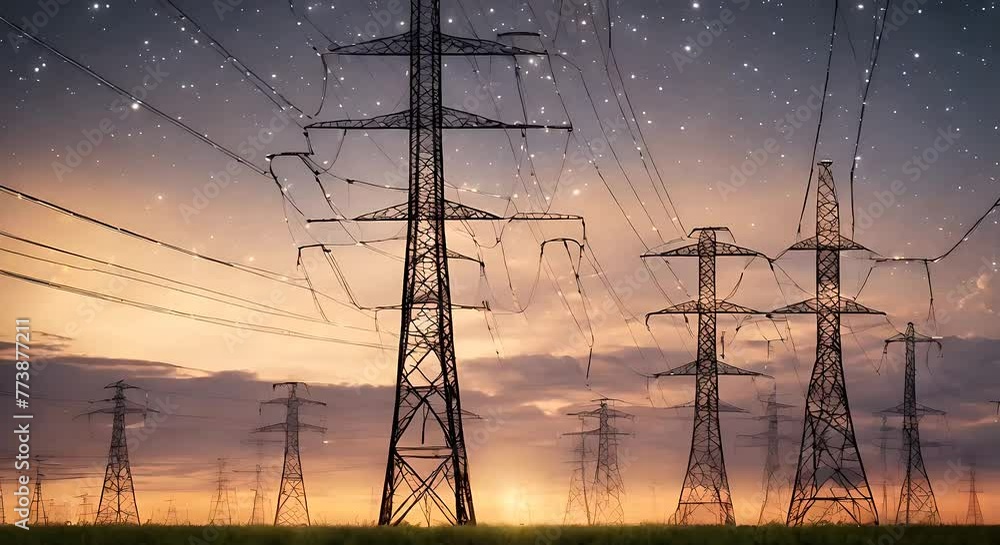 Multiple power lines are shown closely situated near each other, with ...