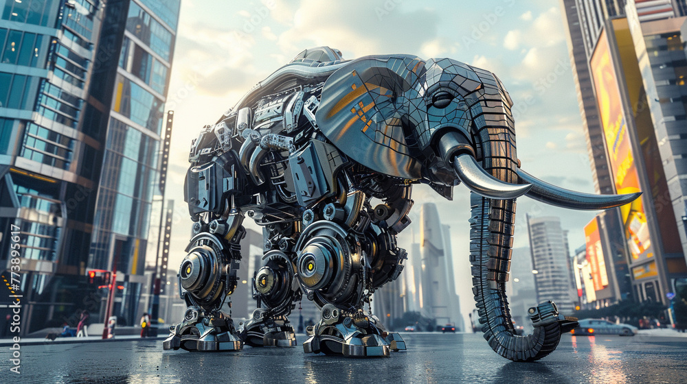 Elephant robot in city Majestic mechanical elephant, with advanced AI ...