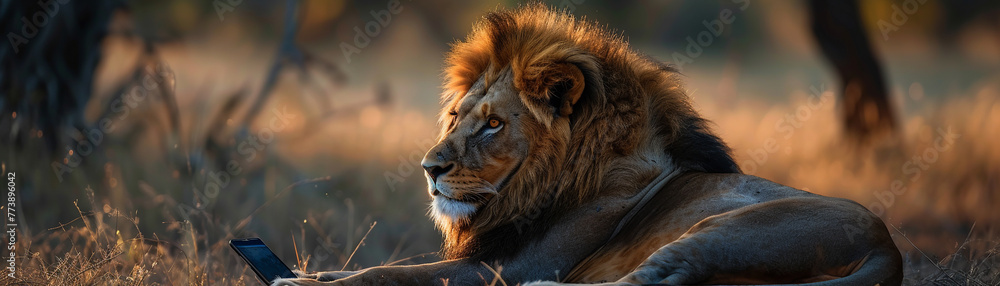 Lion with smartphone Lion studying savannah maps, merging royal stature ...