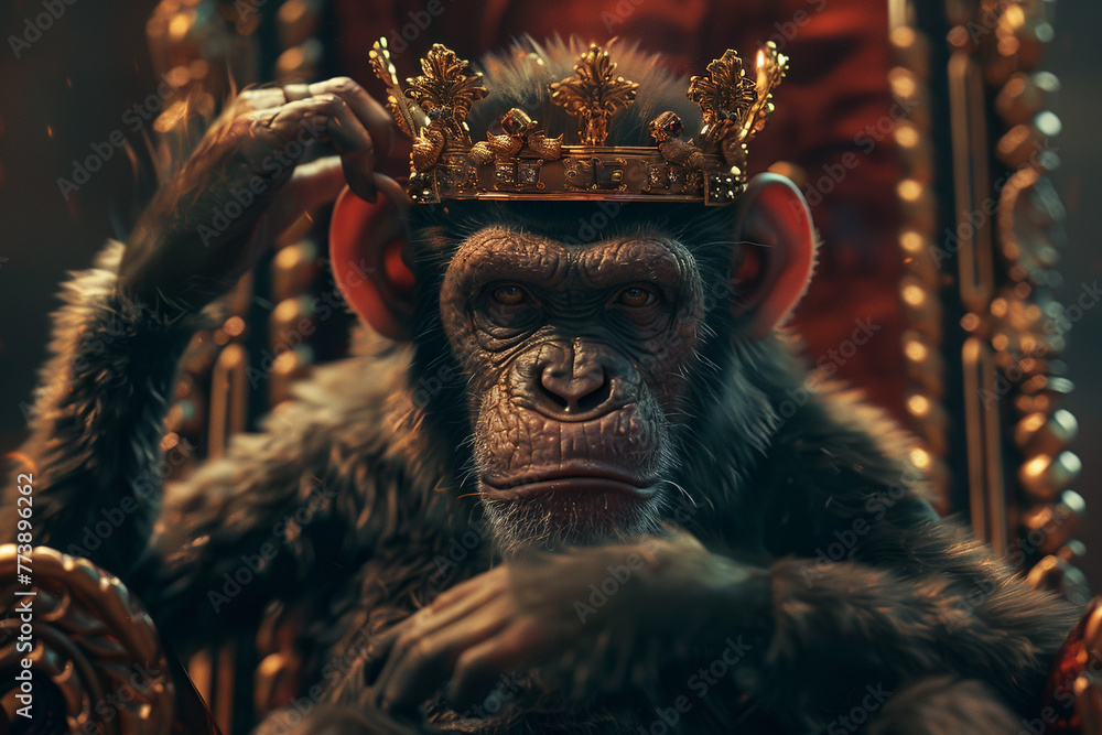 Monkey as king A monkey dons a crown, ruling a digital jungle kingdom ...