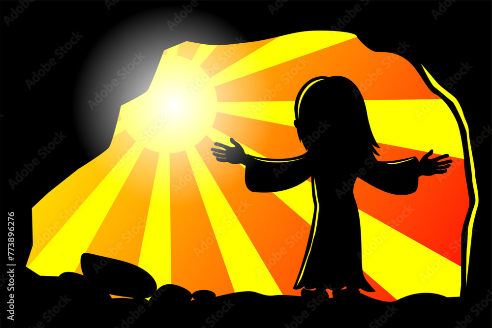 Silhouette of Jesus Christ risen coming out from sepulchre or tomb ...