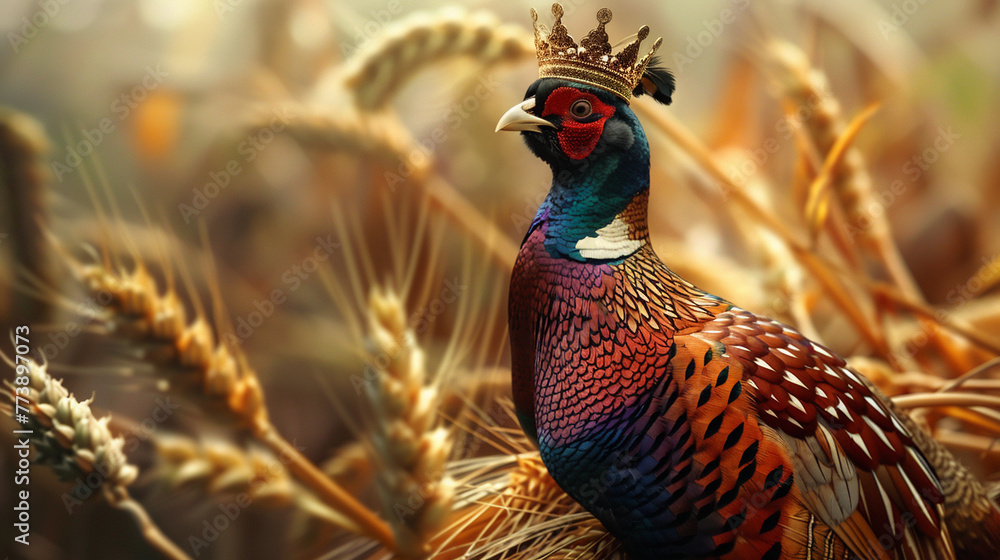 Pheasant as king Pheasant with a regal crown, on a throne of wheat ...